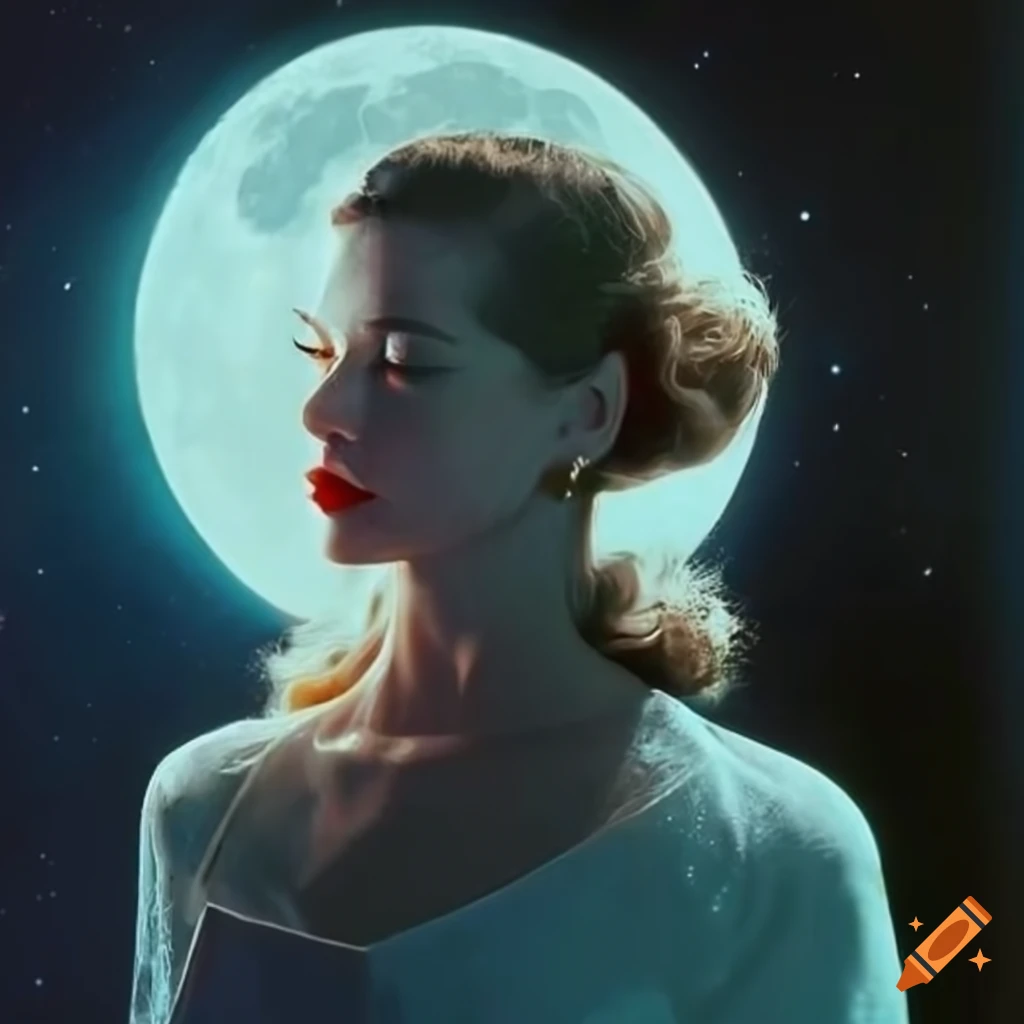 Lauren Bacall with moon as head holding a fire sickle during chillwave ...