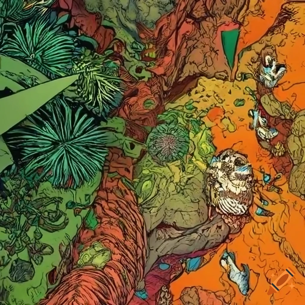 Bird's eye view of a tropical jungle in comic style on Craiyon