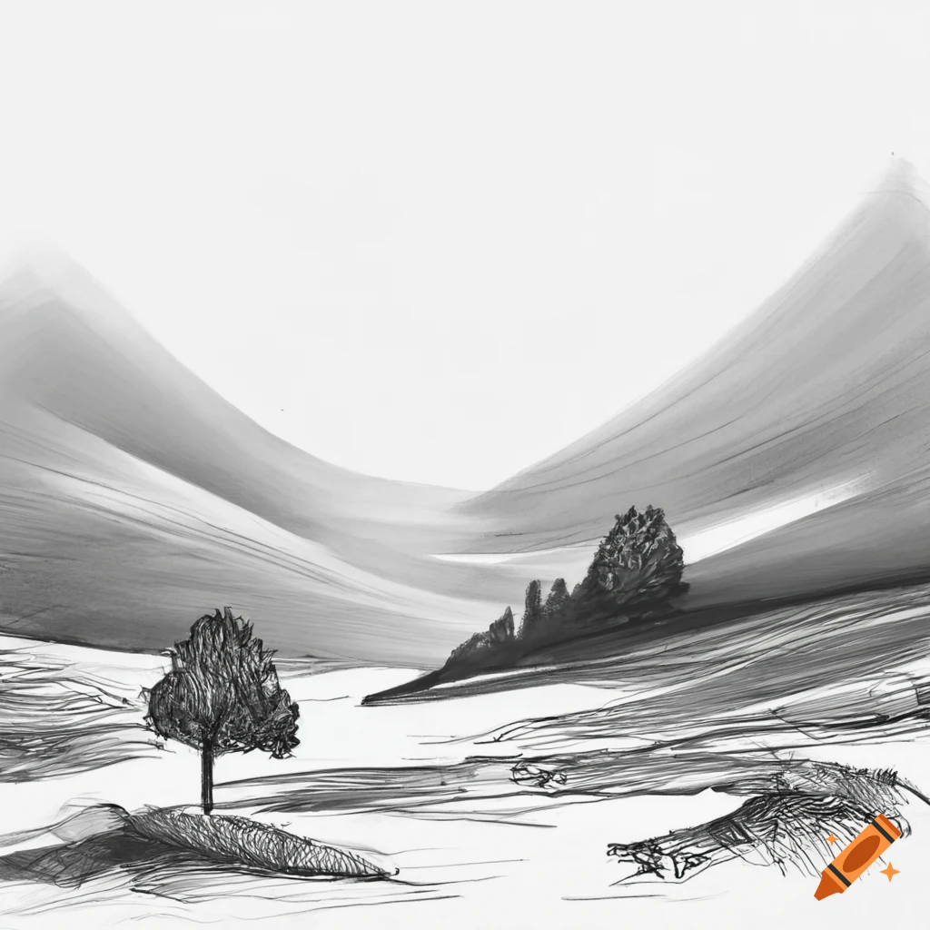 Counter-intuitive black and white landscape with sketch lines on Craiyon