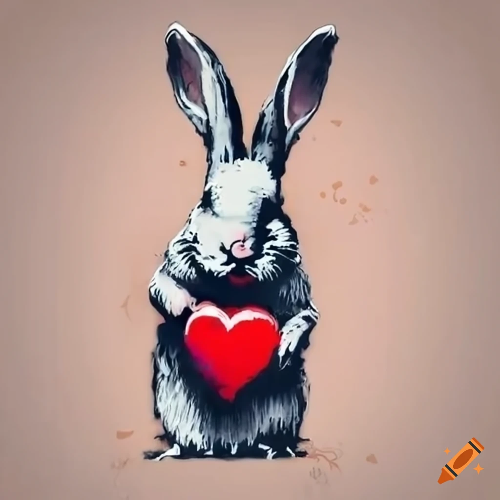 Banksy-style graffiti of a rabbit holding a heart on Craiyon