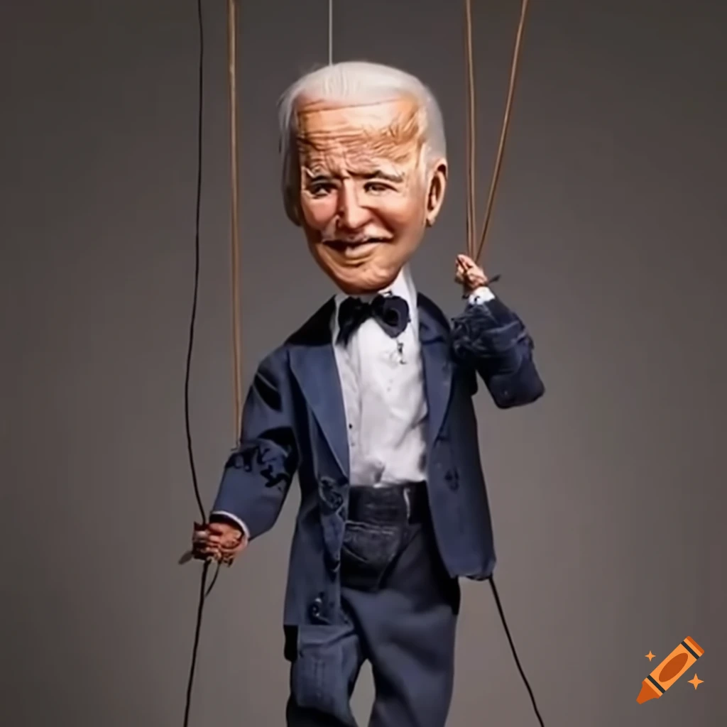 Satirical depiction of Joe Biden as a marionette puppet with attached ...