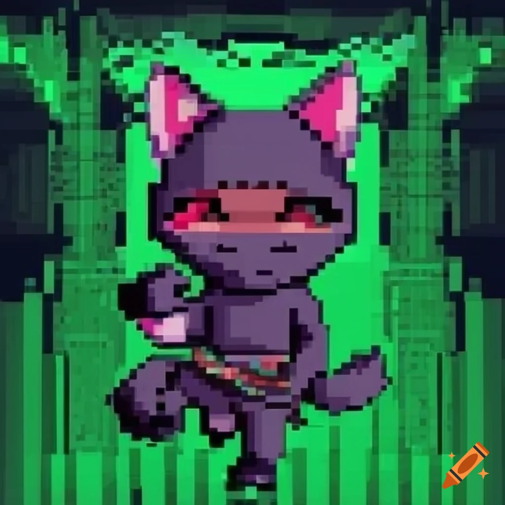 Cute fox in ninja mask on dark green background with pixel art on Craiyon