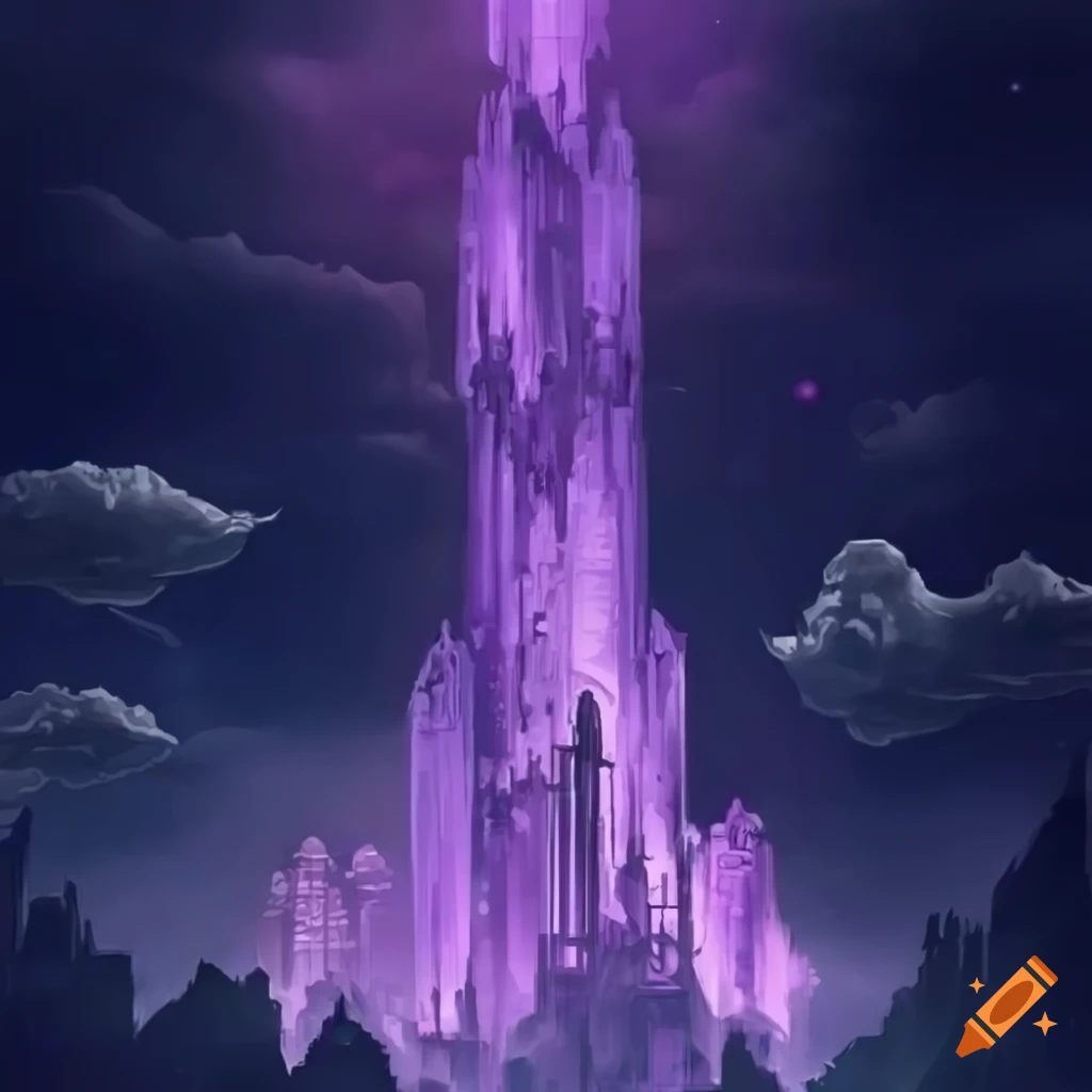 Flying medieval city with white and pastel purple towers in space on ...