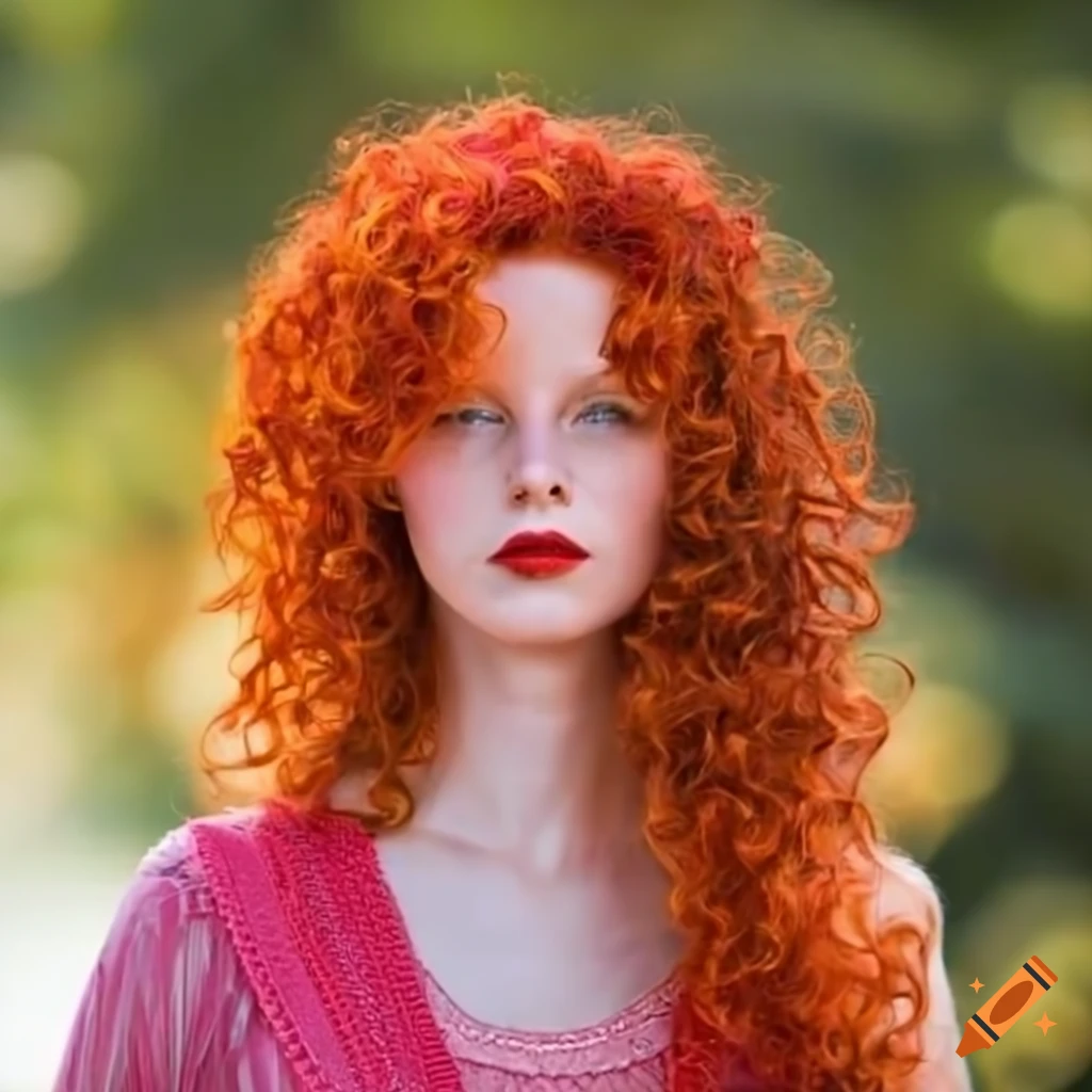 Stylish french woman with frizzy red hair and vibrant clothing on Craiyon