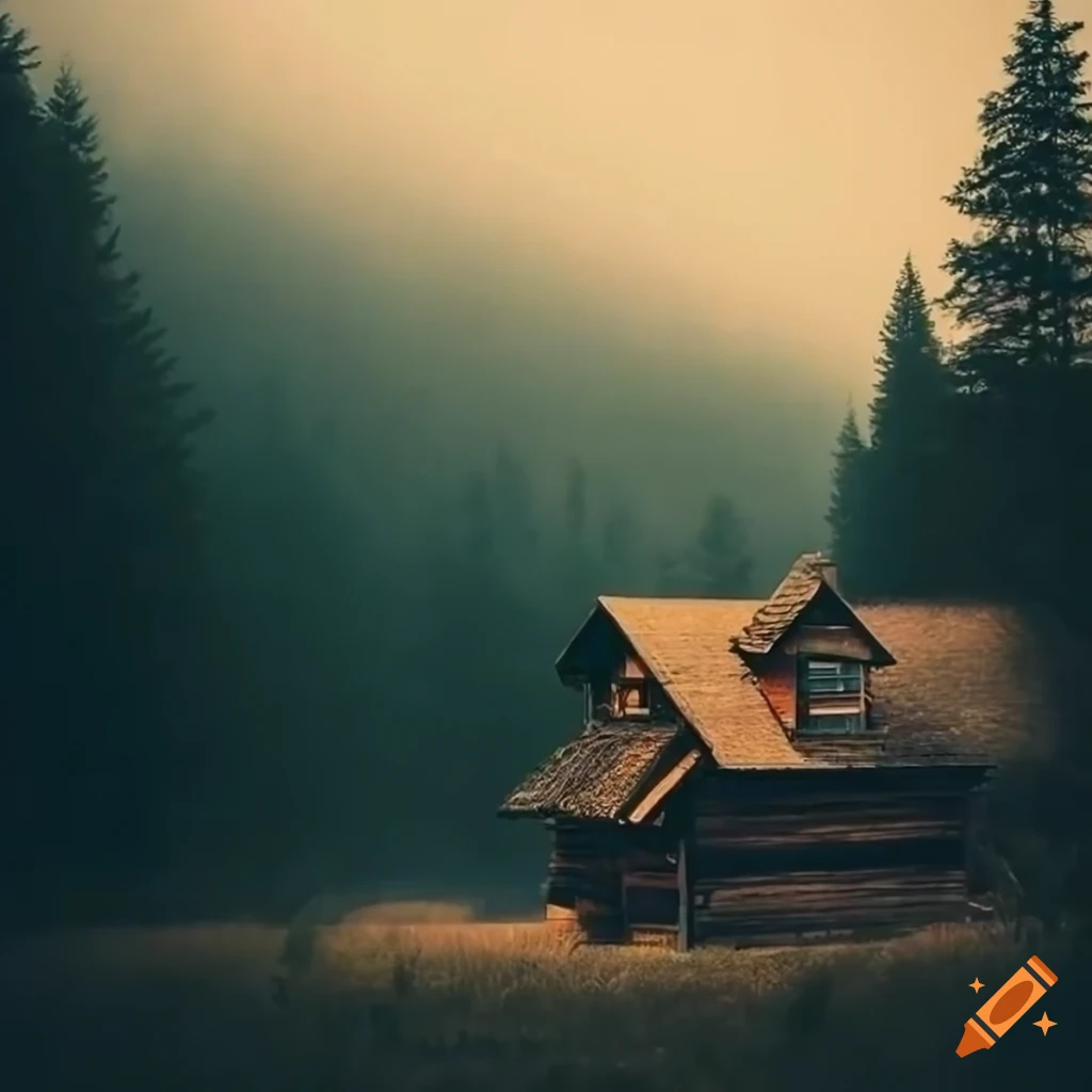 Dense log cabin village with misty forest and distant mountains on Craiyon