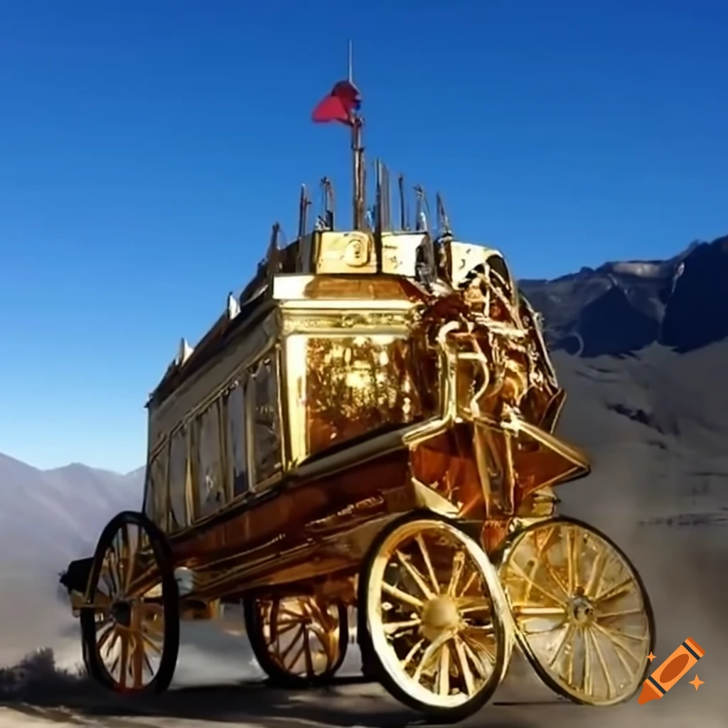 Shiny golden covered wagon on top of a mountain on Craiyon