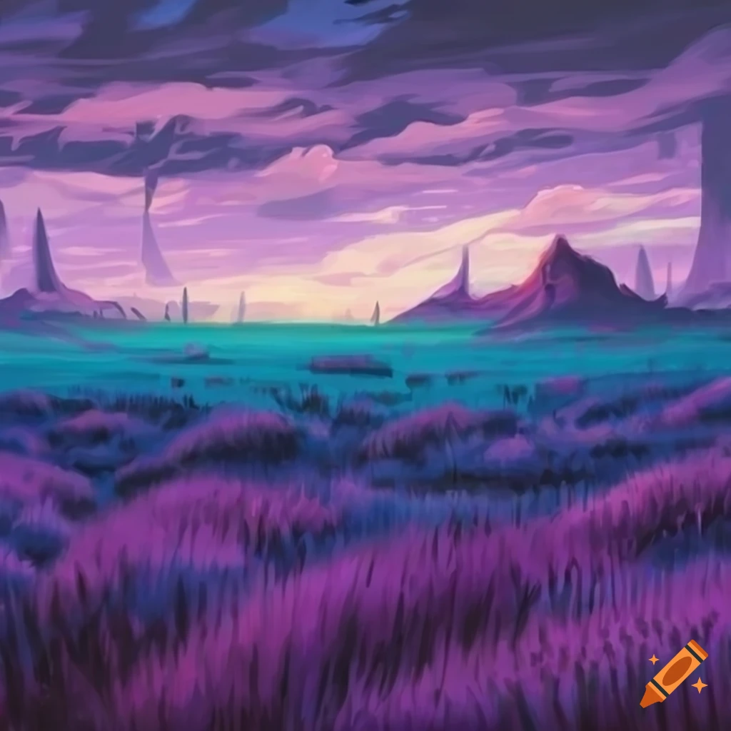 Mtg style landscape with blue and purple grassy plains covered in ashes ...