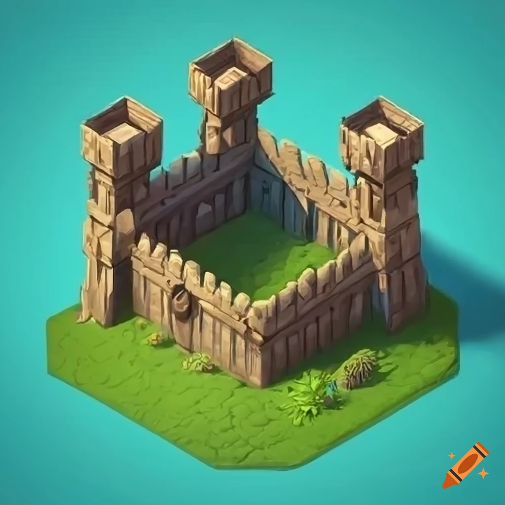 Isometric top-down view of a medieval fort with wood palisade walls on ...