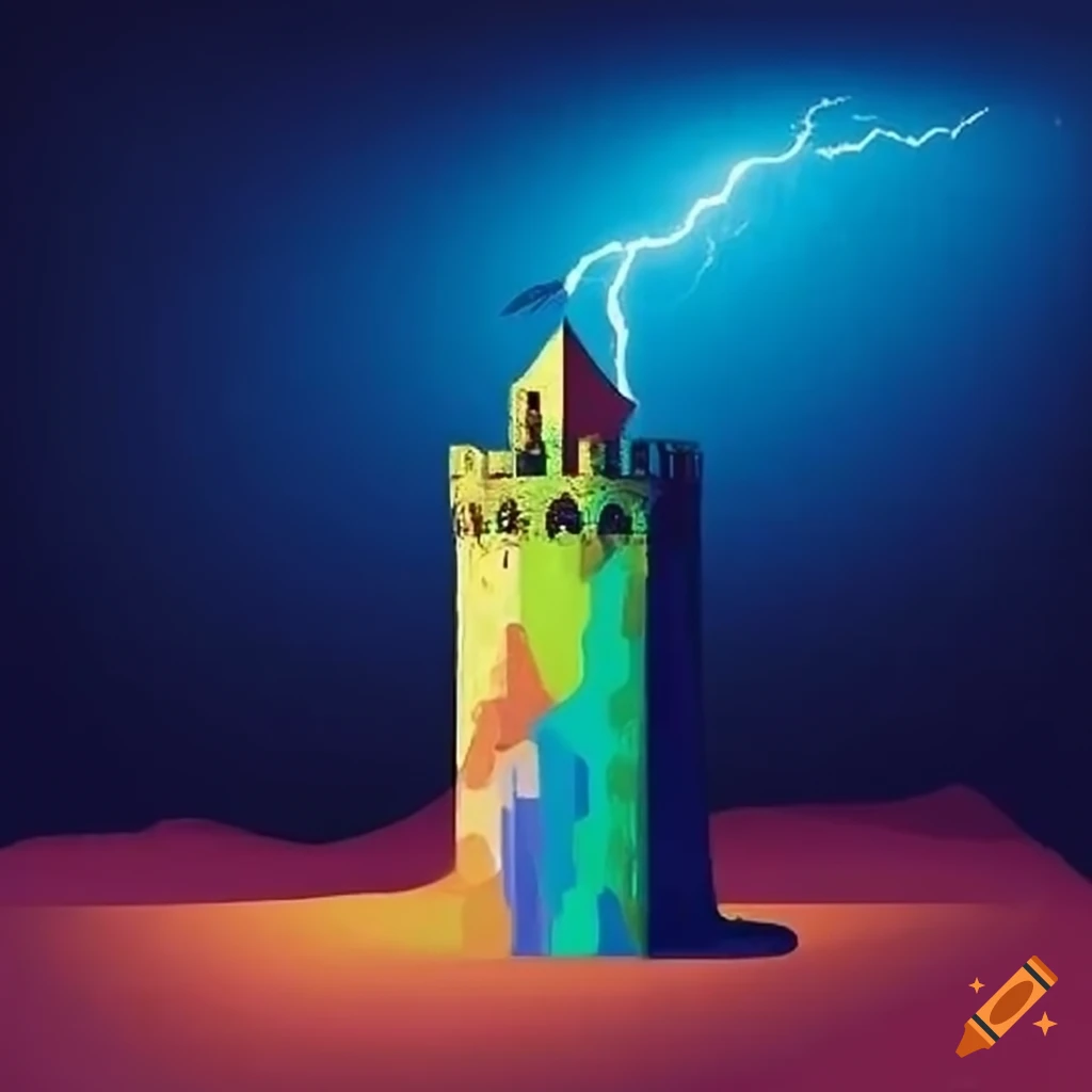 Crumbling castle tower struck by lightning in the style of pablo ...