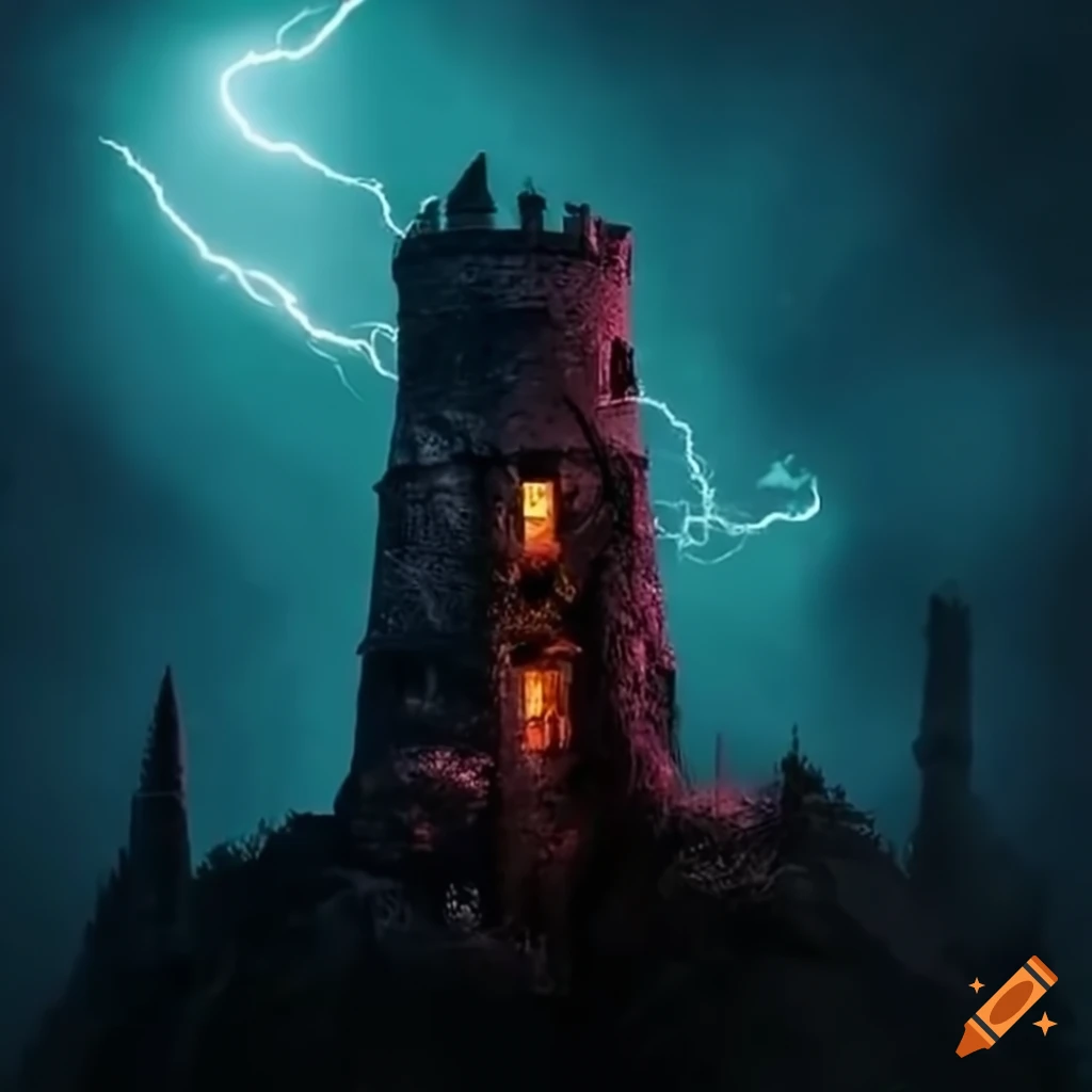 Haunted fortified castle tower struck by lightning in tim burton style ...