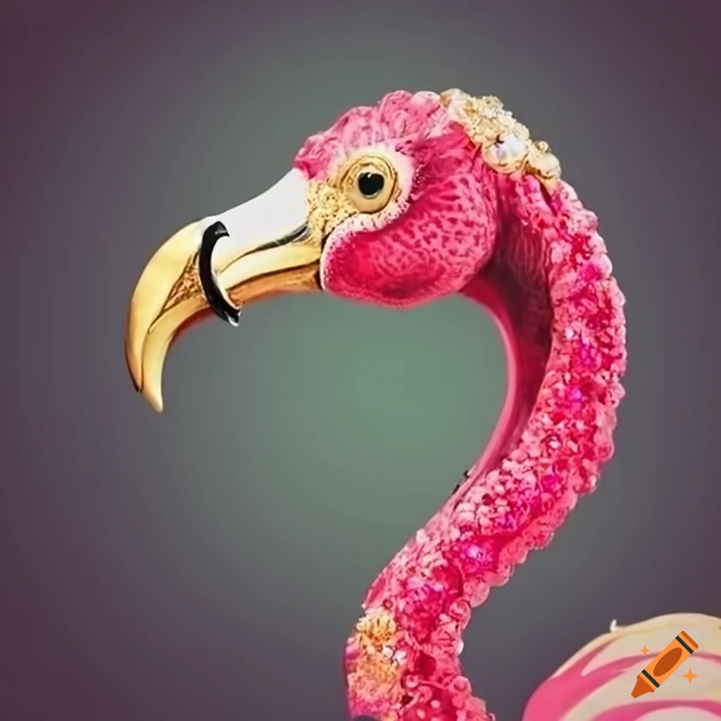 Glamorous flamingo adorned with jewels and gold on Craiyon