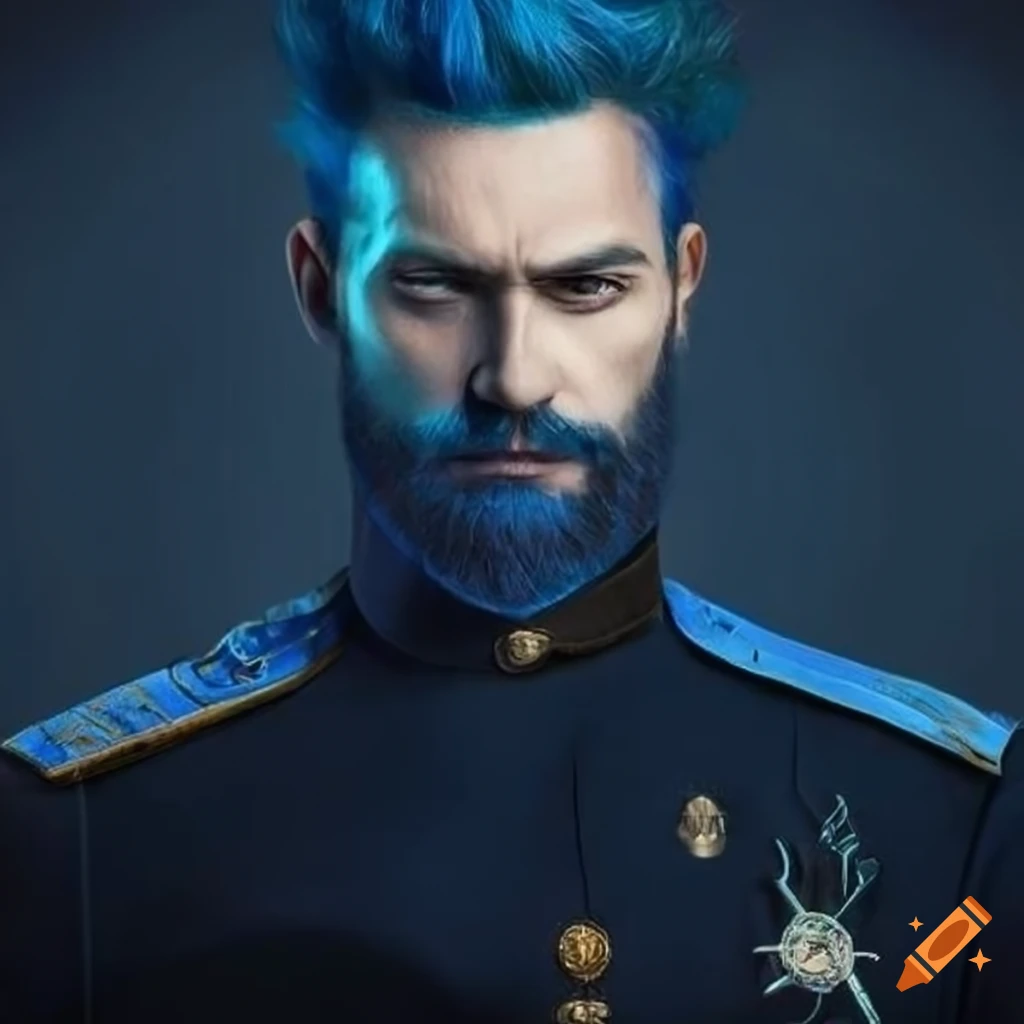 Portrait of a male space captain with short dark beard and blue hair on ...