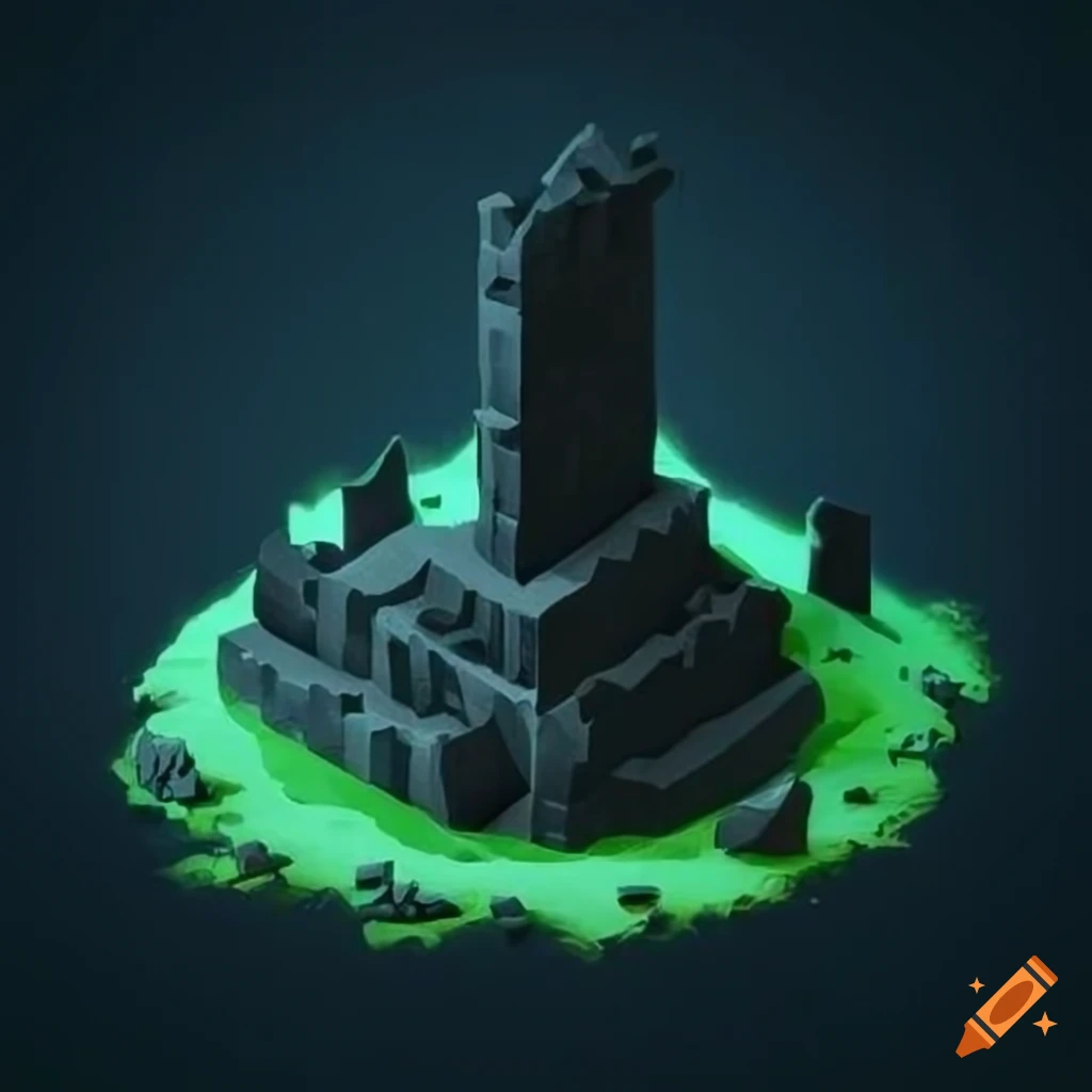 Isometric black stone castle surrounded by basalt columns with green ...