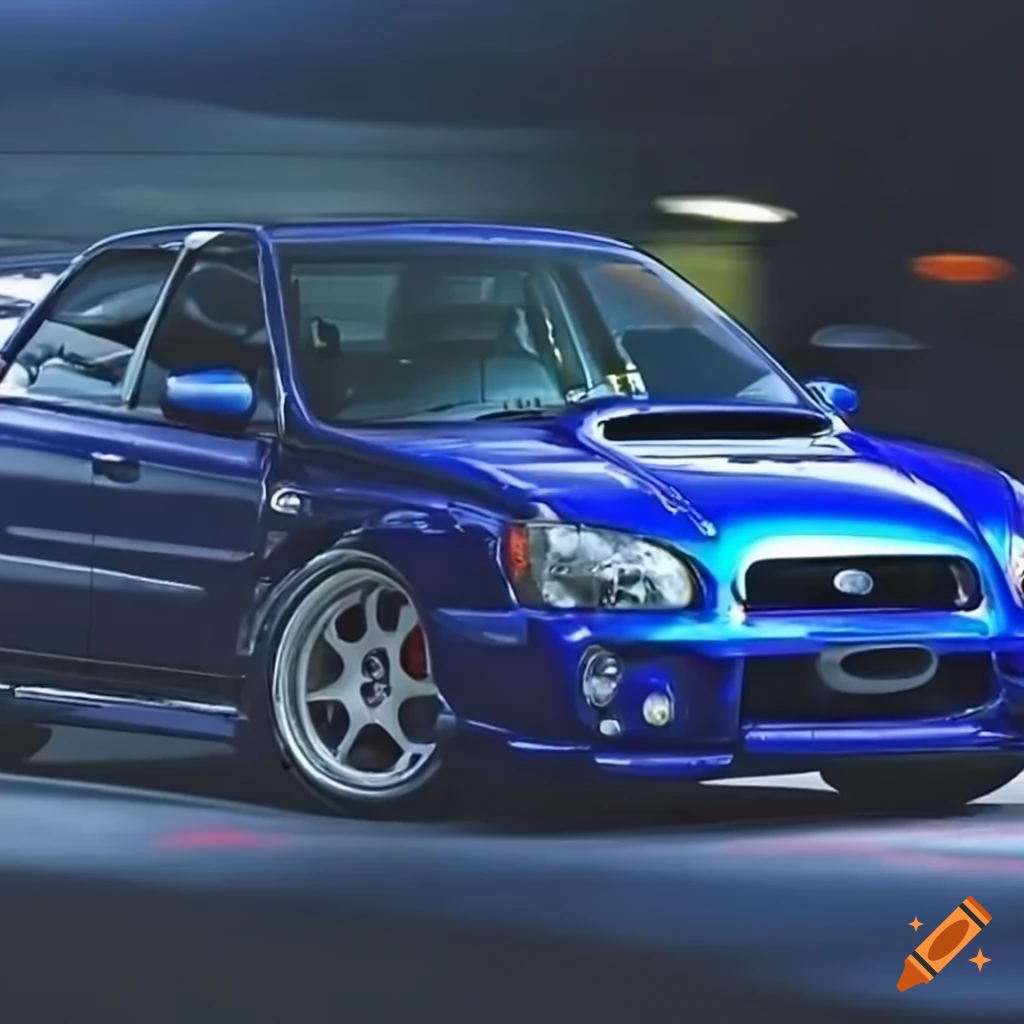 2004 subaru impreza wrx sti blobeye in blue in tokyo nightlife on Craiyon