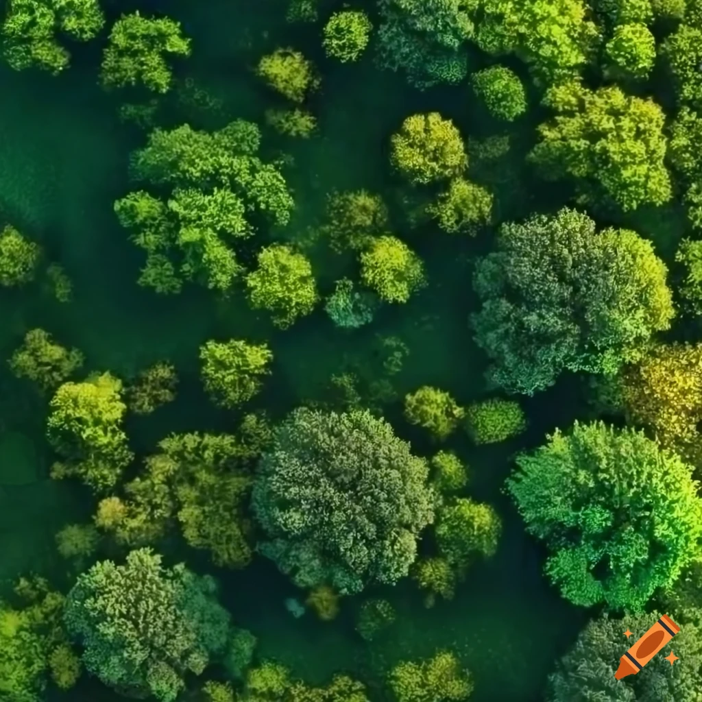 Aerial view of tree foliage, textured in an orthographic style on Craiyon
