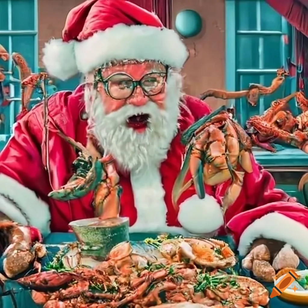 Santa enjoying a large Creole Cajun seafood feast on Craiyon