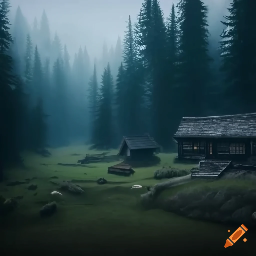 Dense log cabin village hidden behind misty forest with distant mountains on Craiyon