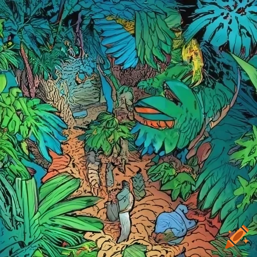 Birds-eye-view of a tropical jungle in comic style on Craiyon
