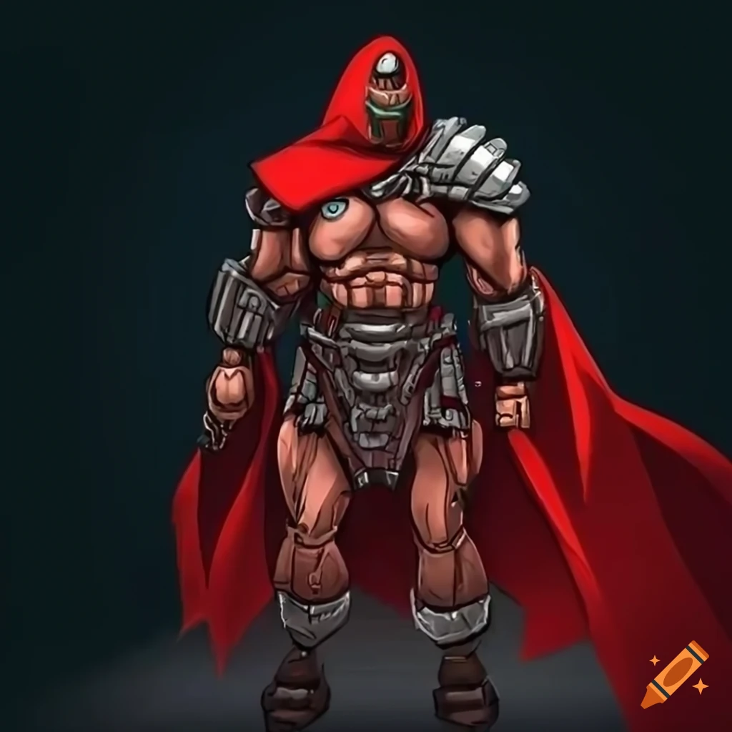 Cyborg gladiator with red cape in highly detailed cartoon style on Craiyon