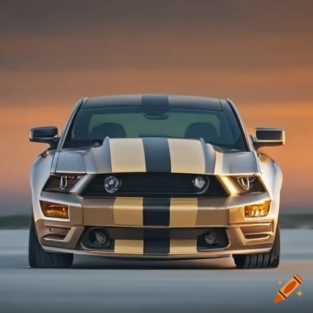 Matte black 2013 mustang with two gold racing stripes on Craiyon