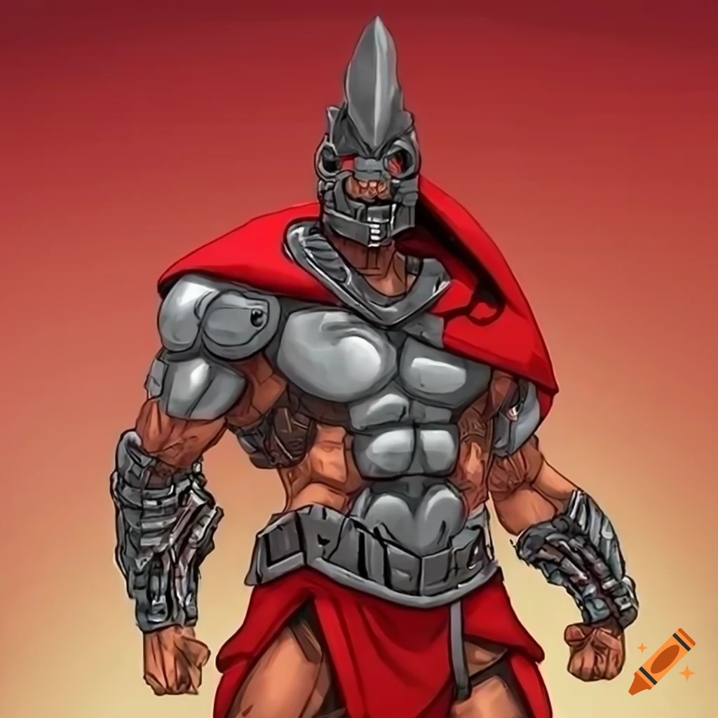 Cyborg gladiator with red cape in highly detailed cartoon style on Craiyon