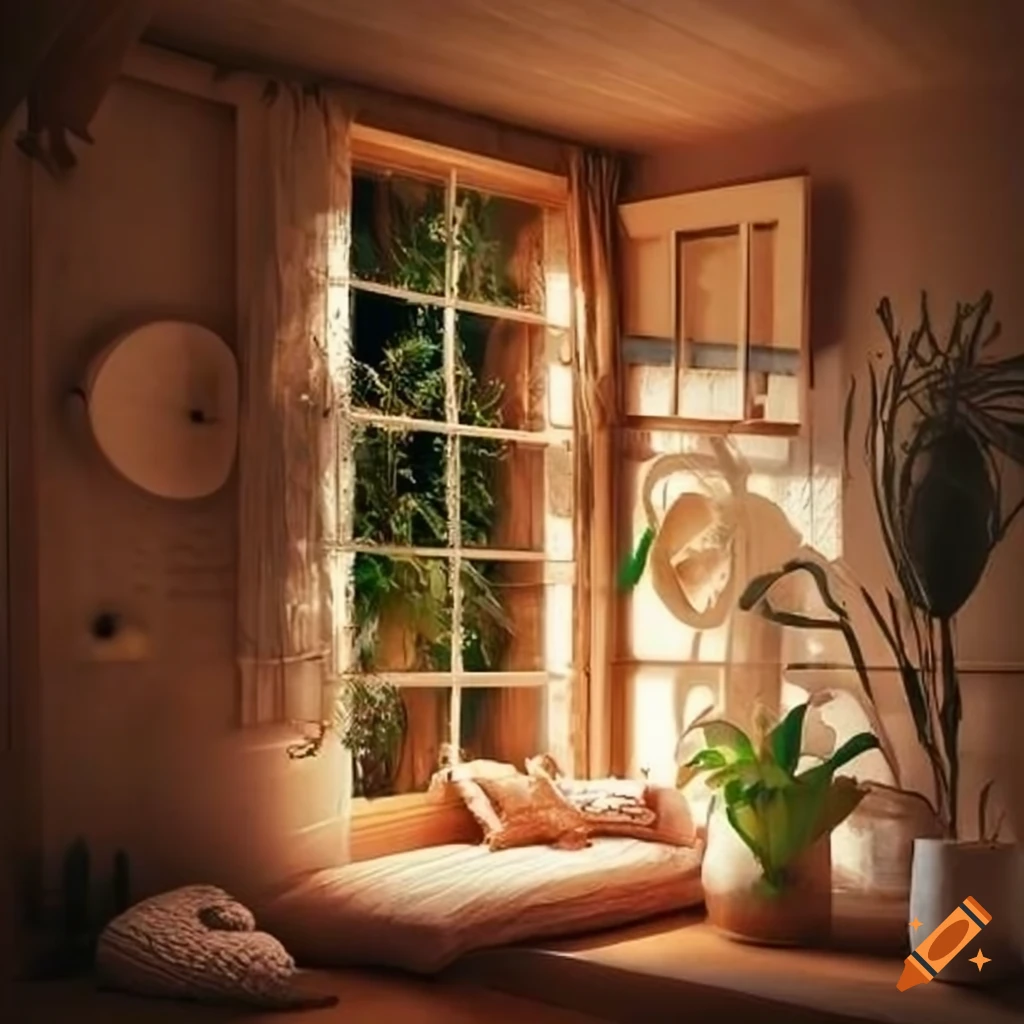 Cozy cottage core room with plants and window, illuminated by warm ...