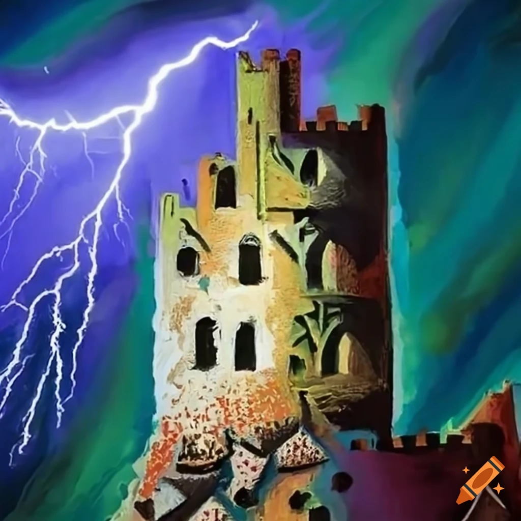 Crumbling castle tower struck by lightning in a pablo picasso style on ...