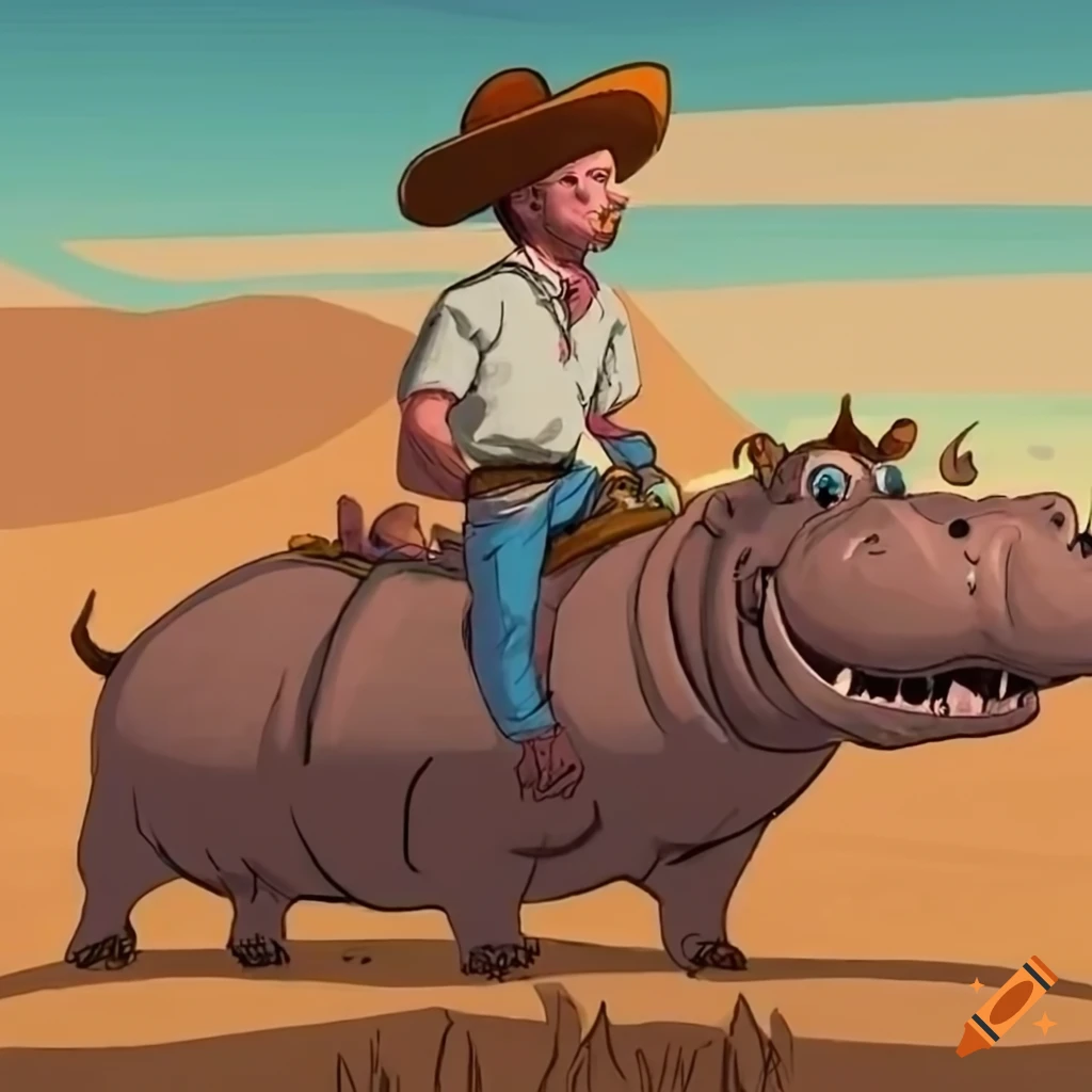 Simplified drawing of a cowboy riding a hippo in the desert on Craiyon