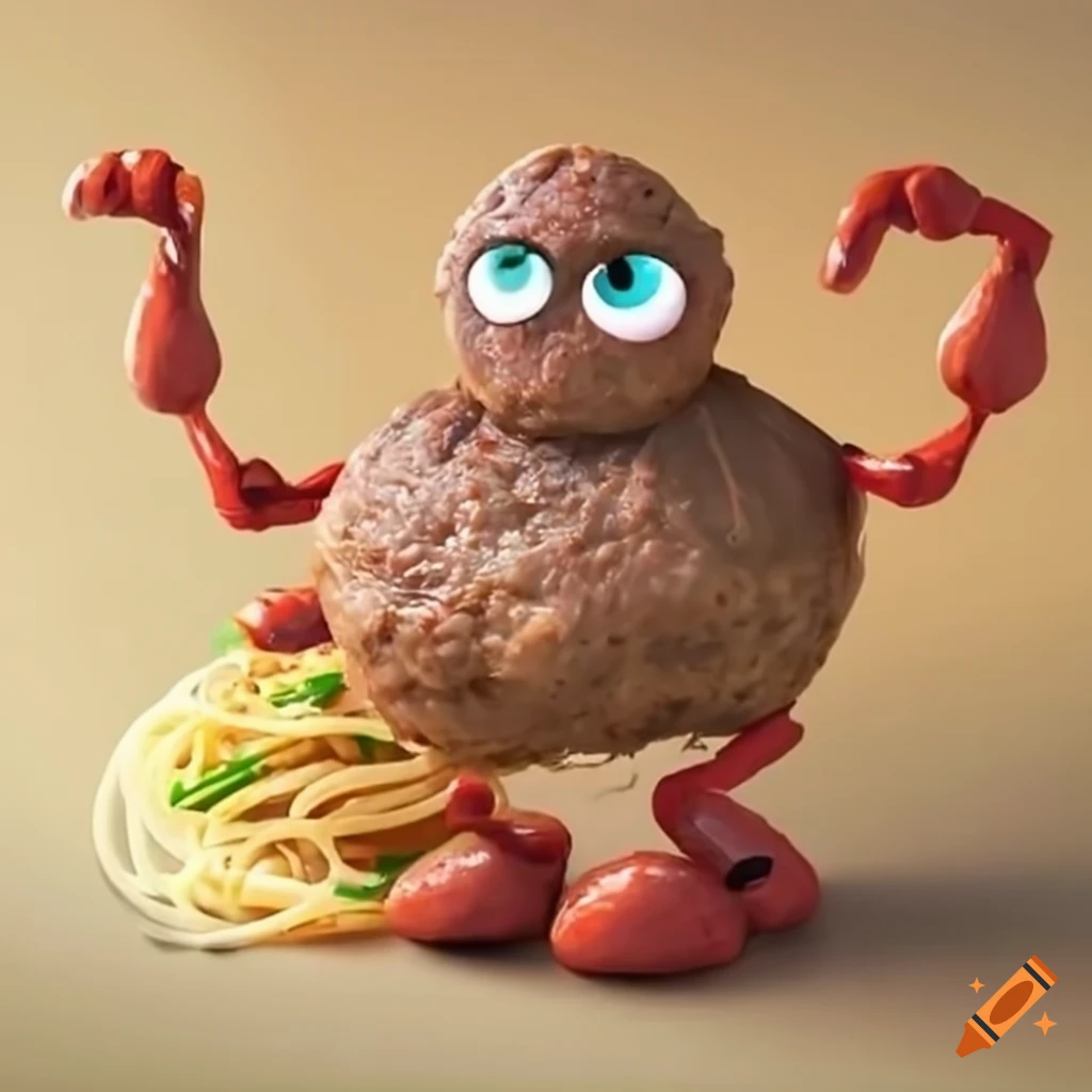 Whimsical anthropomorphized meatball with spaghetti arms and legs on ...