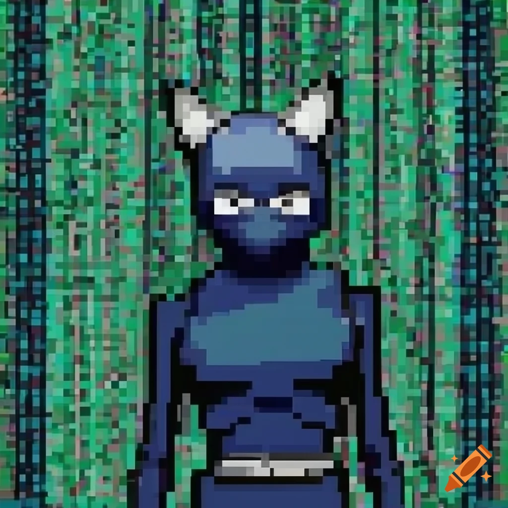 Fox wearing ninja mask in pixel art with matrix code background on Craiyon