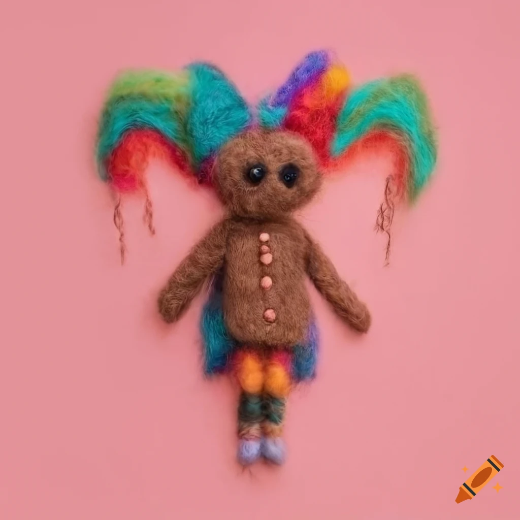 Felted wall creatures in intricate outfits with tribal style background ...