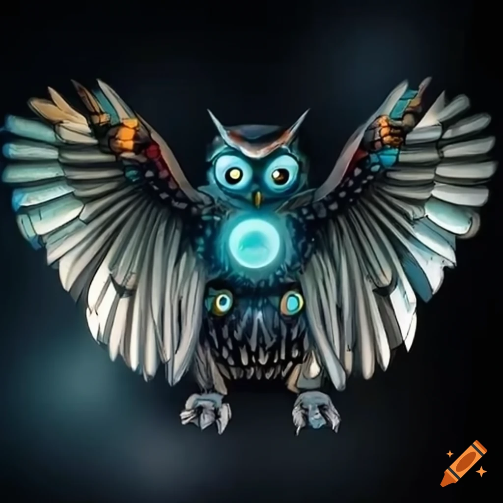 Robot owl with spread wings flying towards viewer on Craiyon