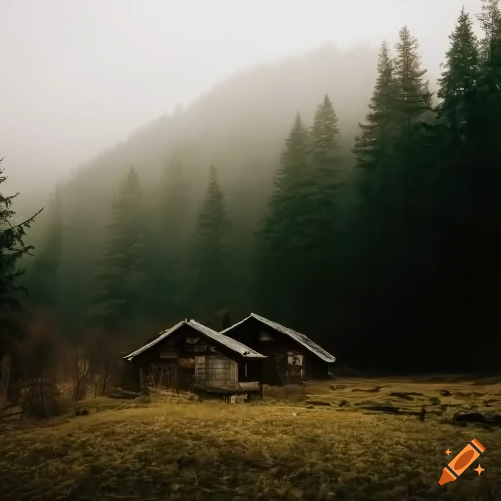 Dense log cabin village with misty forest and distant mountains on Craiyon