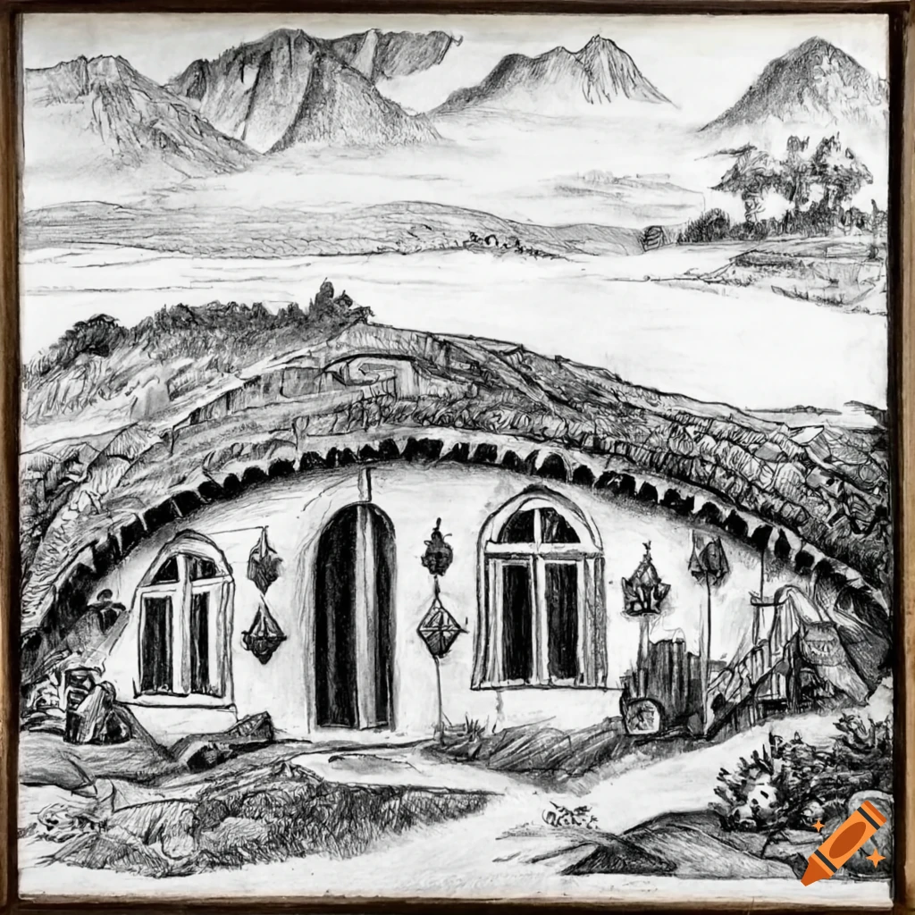Hobbit house pencil drawing in black and white on a sheet on Craiyon