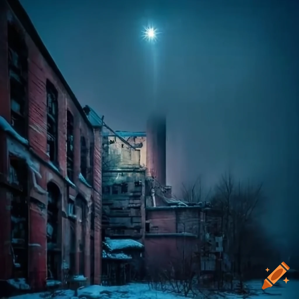 Abandoned factory covered in snow at night on Craiyon