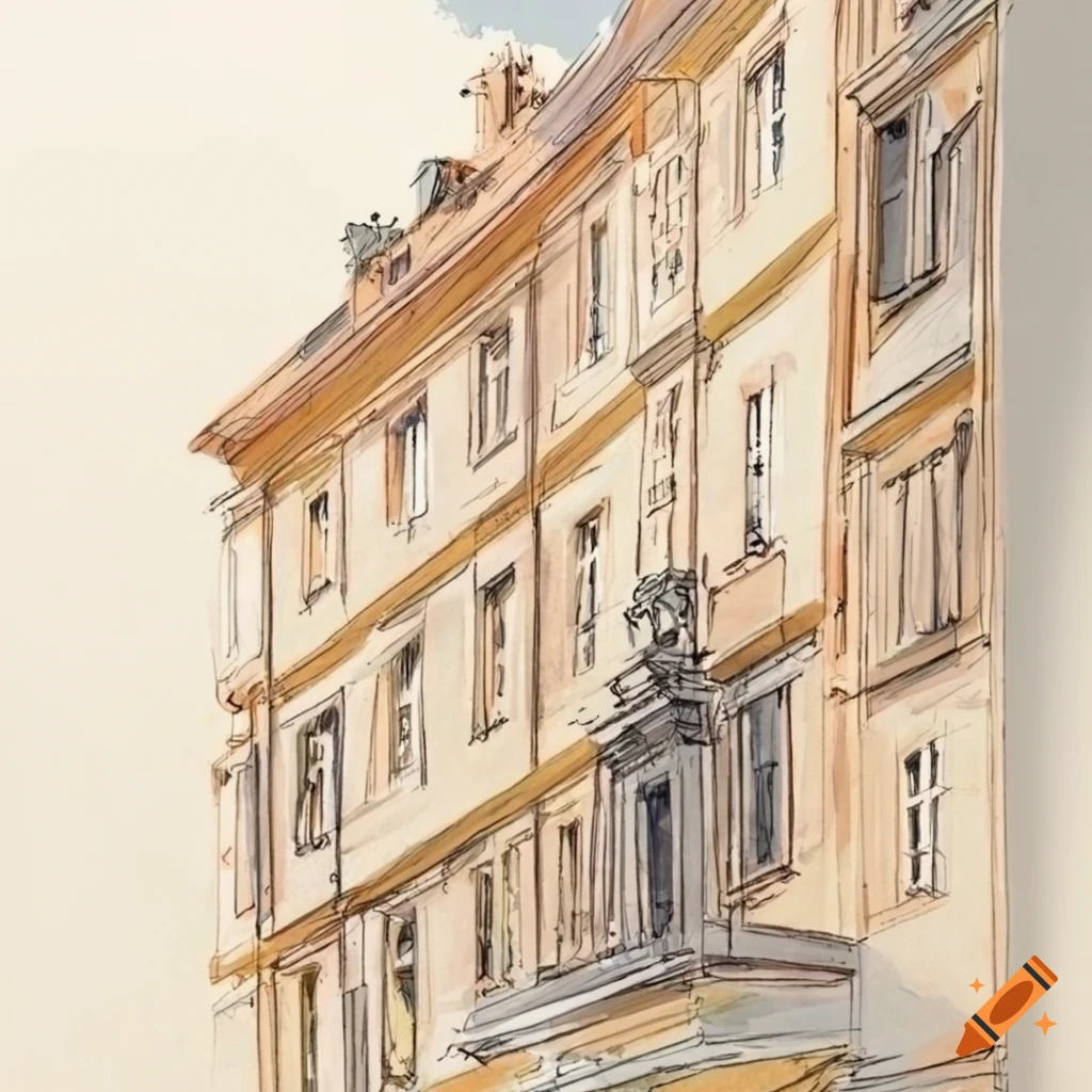 Architectural sketch of classicist tenement in Berlin with balconies and pergolas on Craiyon