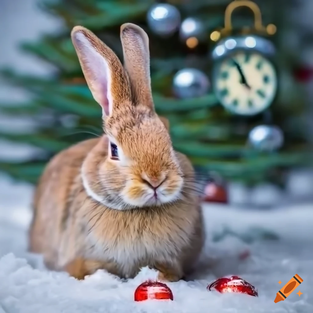 Cute rabbit with a clock in the snow against a christmas tree ...