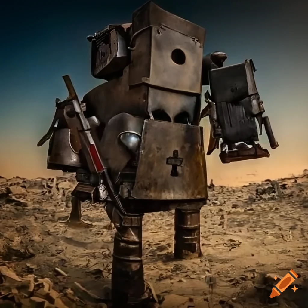 Medieval robot in trench warfare striking a cool pose with weapons on ...