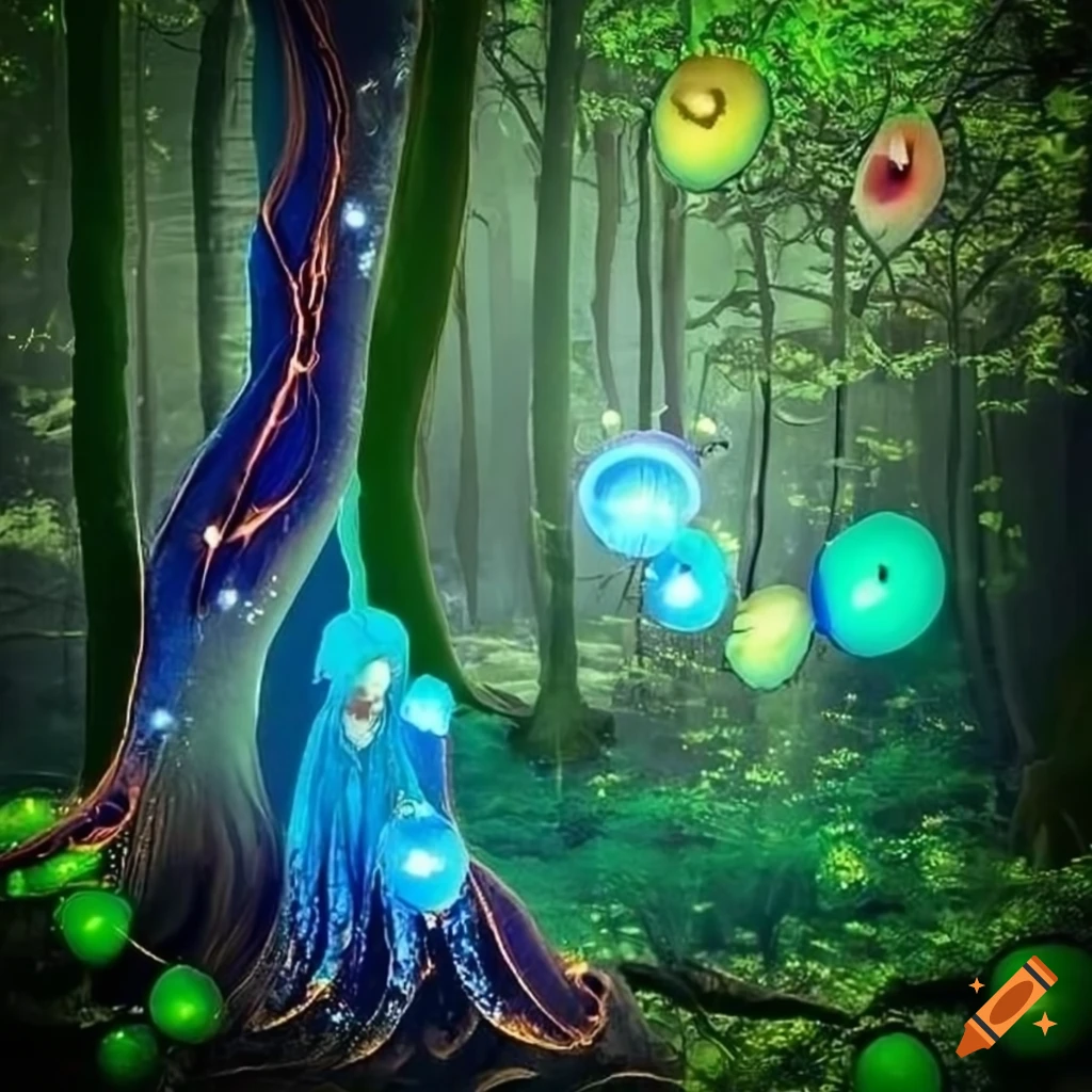 Enchanting fantasy forest with vibrant lights and animated plant life ...