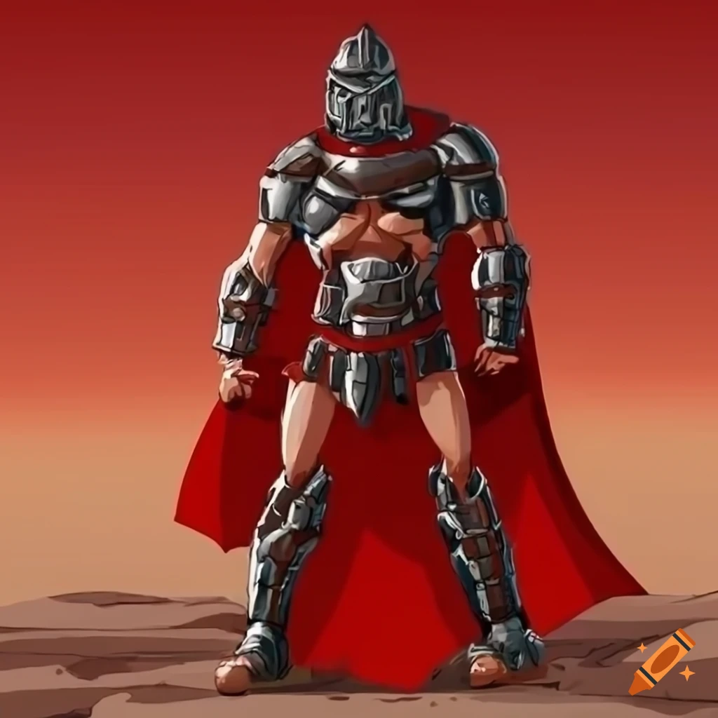 Highly detailed 4k cartoon of a cyborg gladiator with a red cape on Craiyon