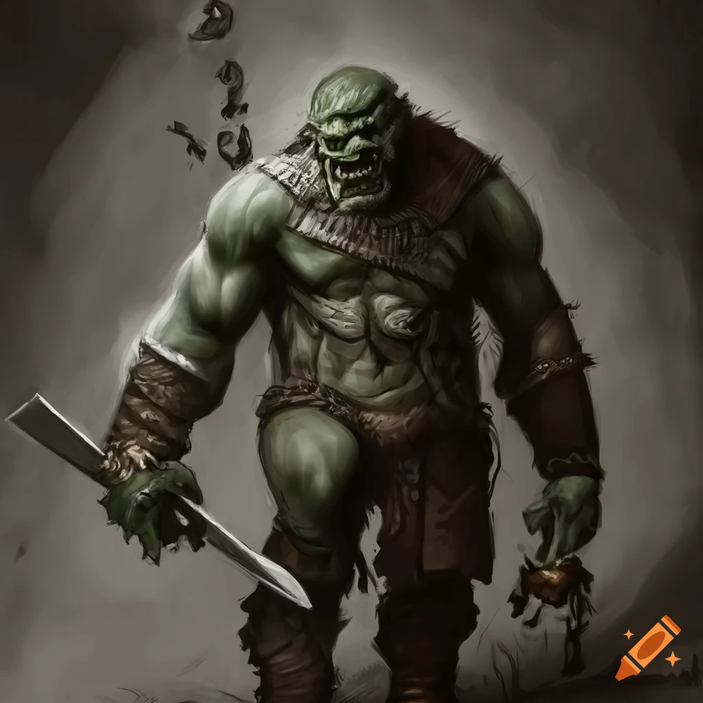 Orc wielding a knife and flail in a pencil drawing on Craiyon