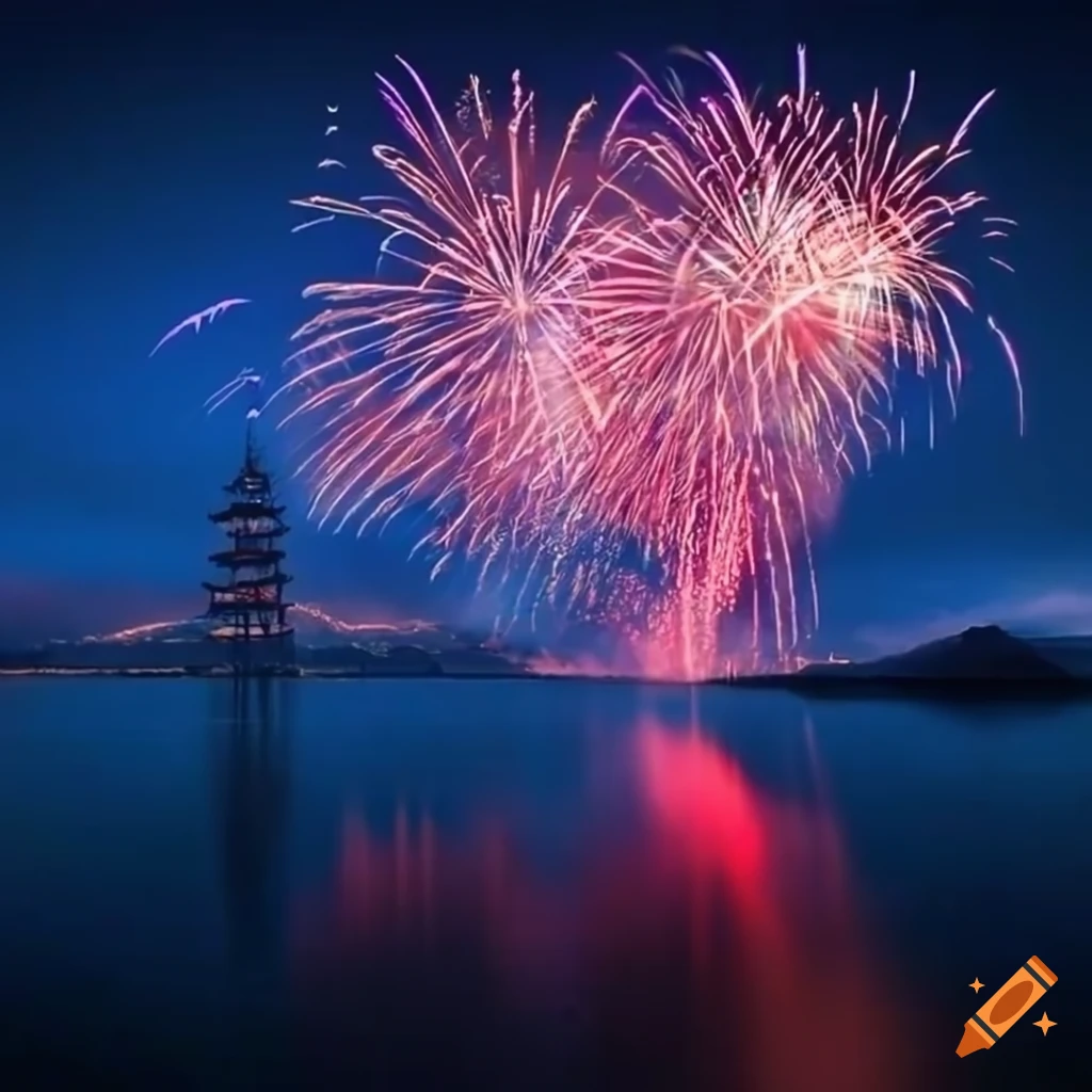 Japan landscape with fireworks on Craiyon