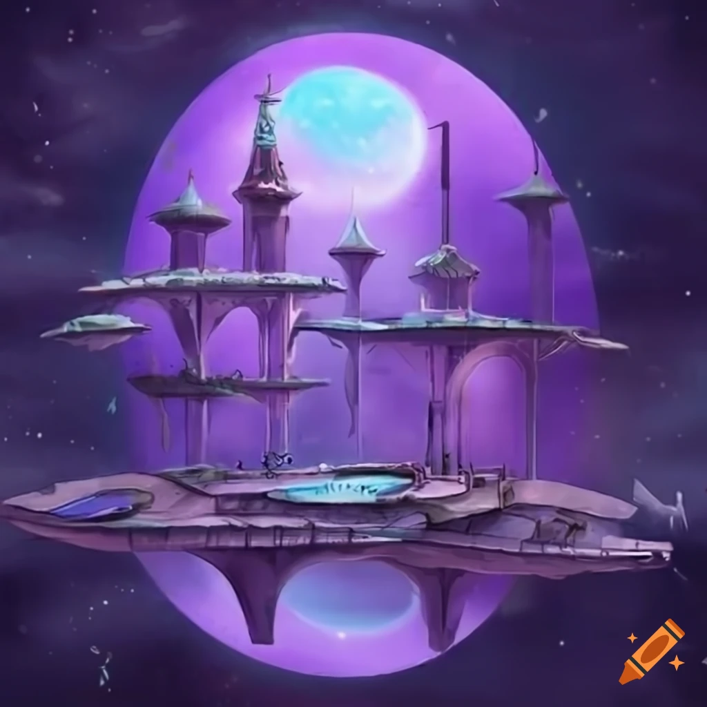 Flying medieval city with white and pastel purple towers in space on ...