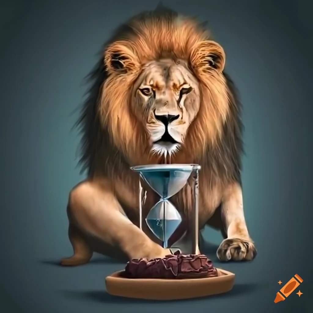 Realistic lion with a rose, compass, and hourglass in a surreal scene ...