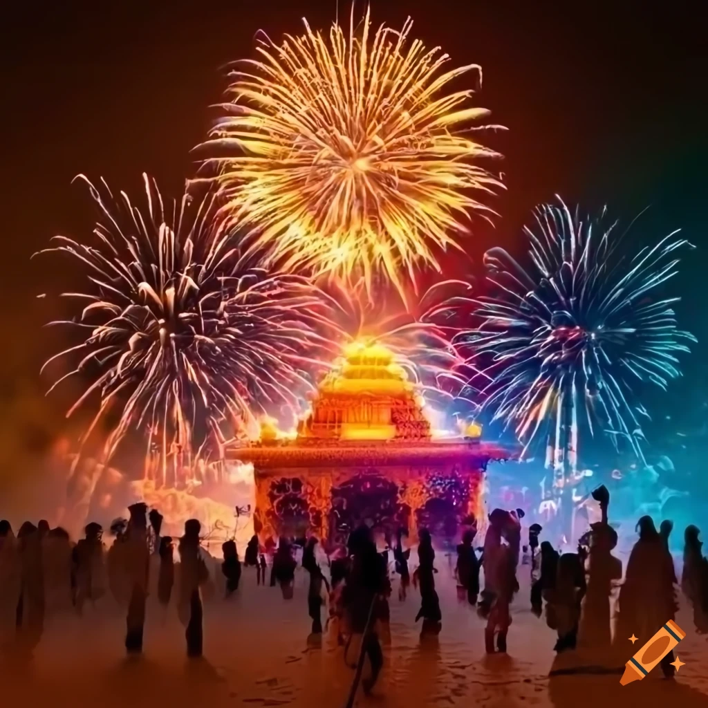 Diwali celebration at an indian temple with colorful fireworks on Craiyon