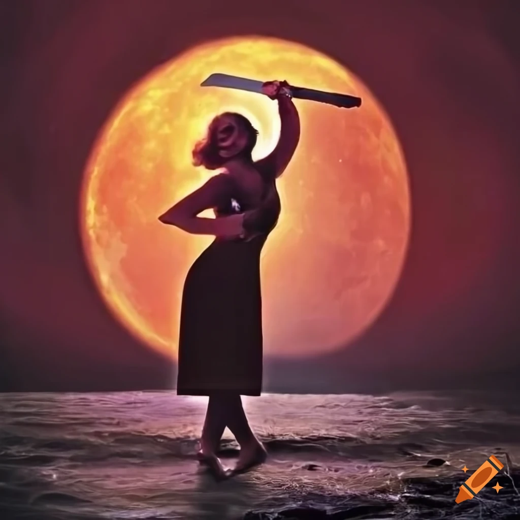 Lauren bacall with moon as head holding a fire sickle during chillwave ...