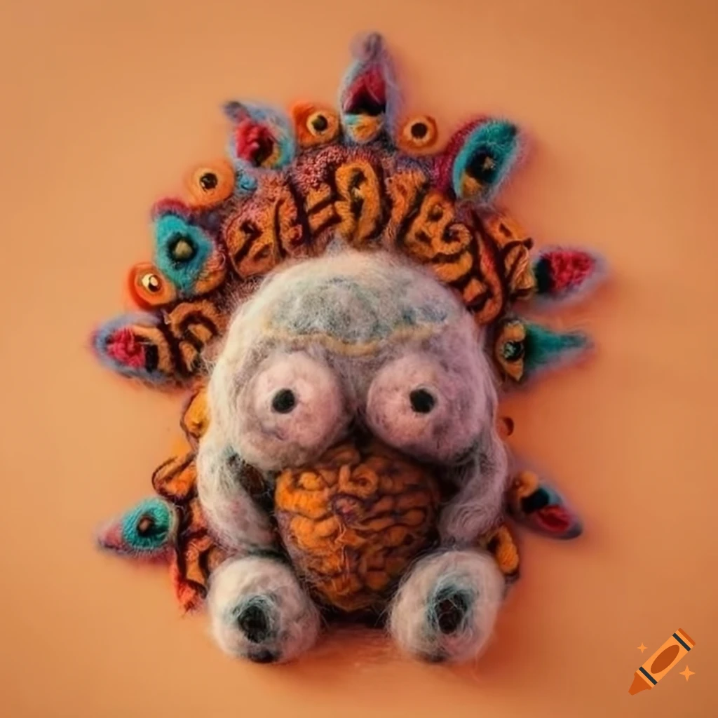 Felted wall creatures in intricate tribal outfits on Craiyon
