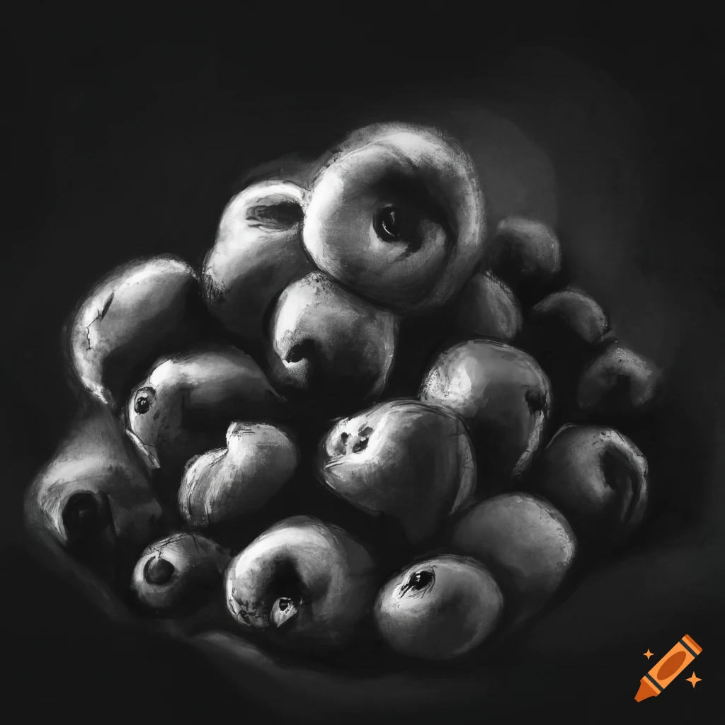 Charcoal drawing of two hands with black and white berries on Craiyon