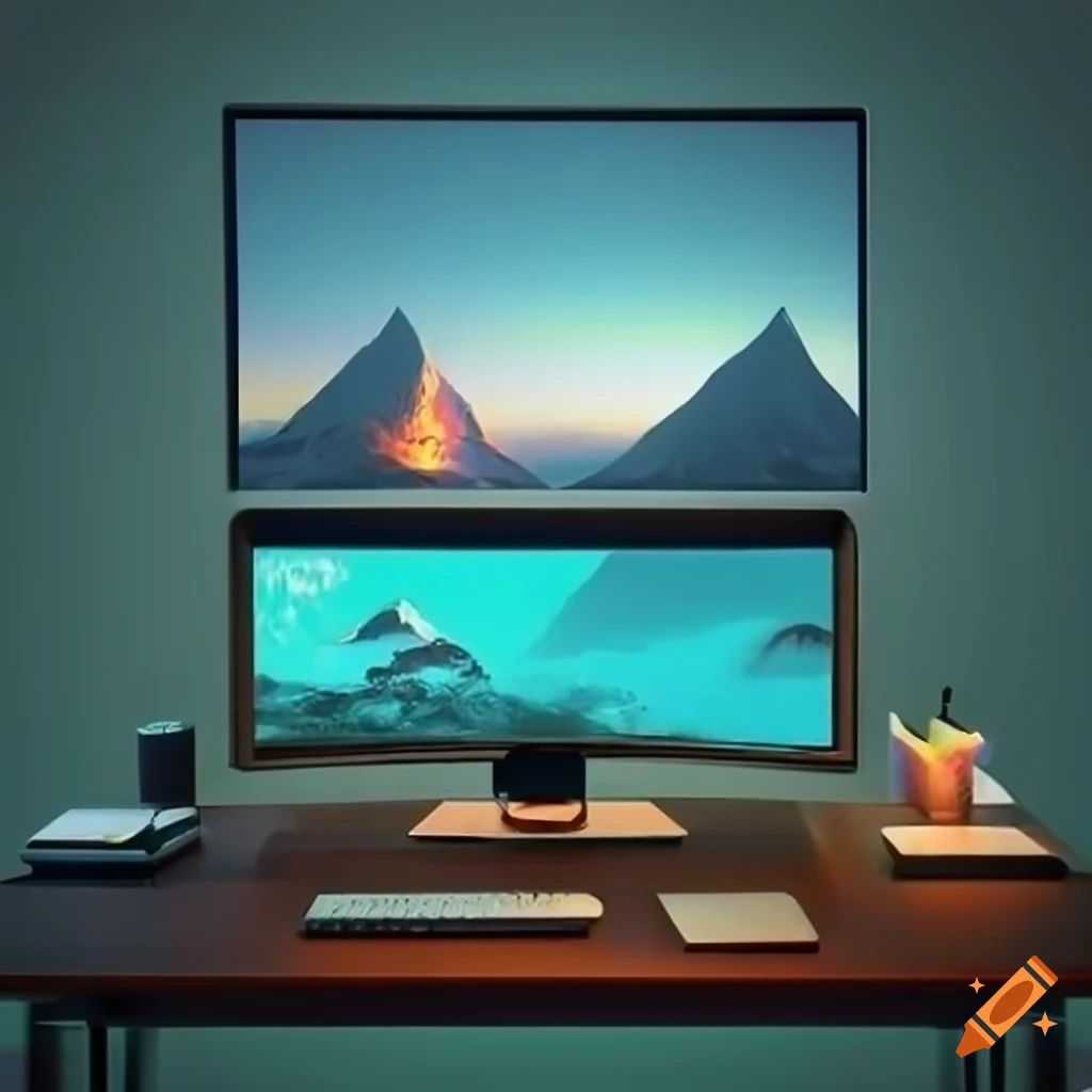 Modern office setup in a natural landscape with a computer showing ...