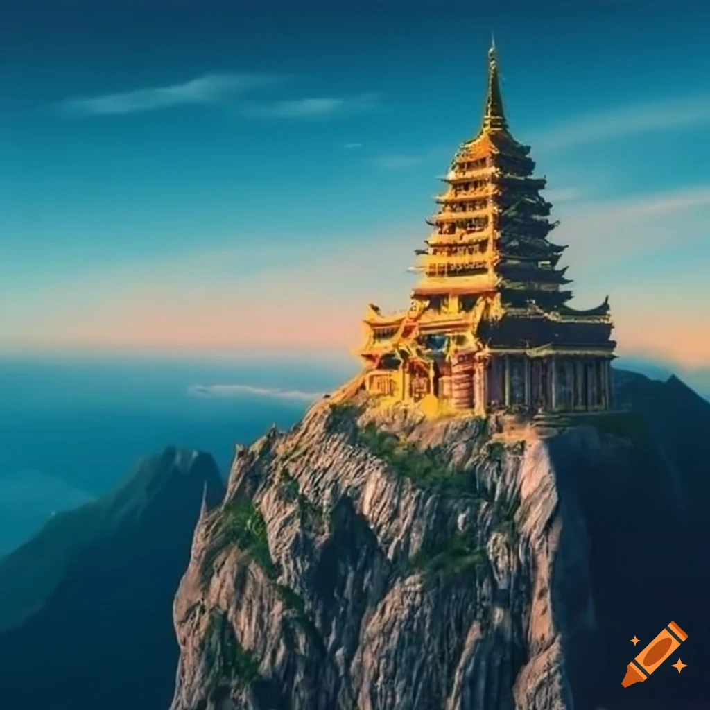 Imaginative and powerful temple atop a high mountain on Craiyon